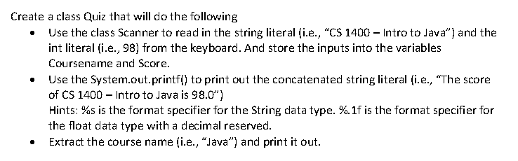 Solved Create a class Quiz that will do the following - Use | Chegg.com