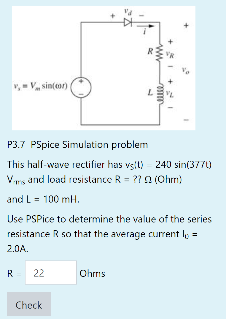 Solved + R v = Vmsin(01) lelle P3.7 PSpice Simulation | Chegg.com