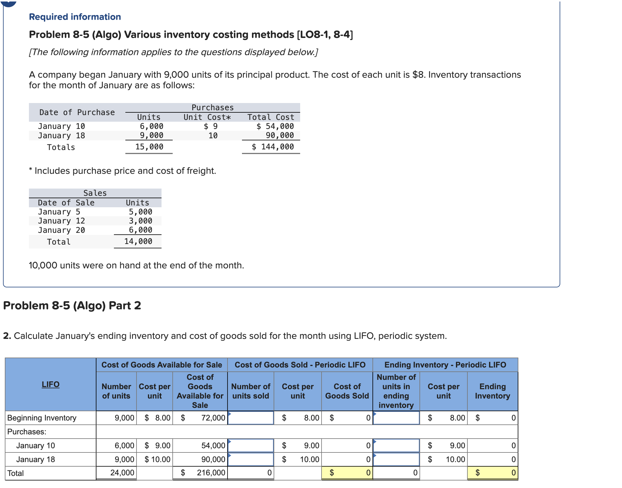 Solved Problem 8-5 (Algo) Various inventory costing methods | Chegg.com