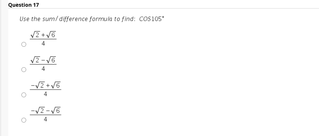 Solved Question 17 Use the sum/ difference formula to find: | Chegg.com