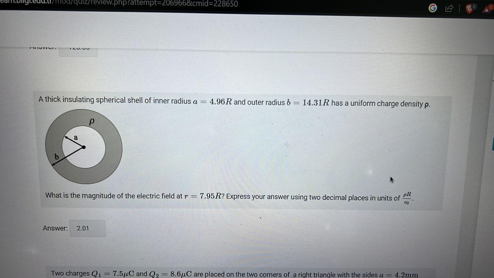 Solved A thick insulating spherical shell of inner radius | Chegg.com