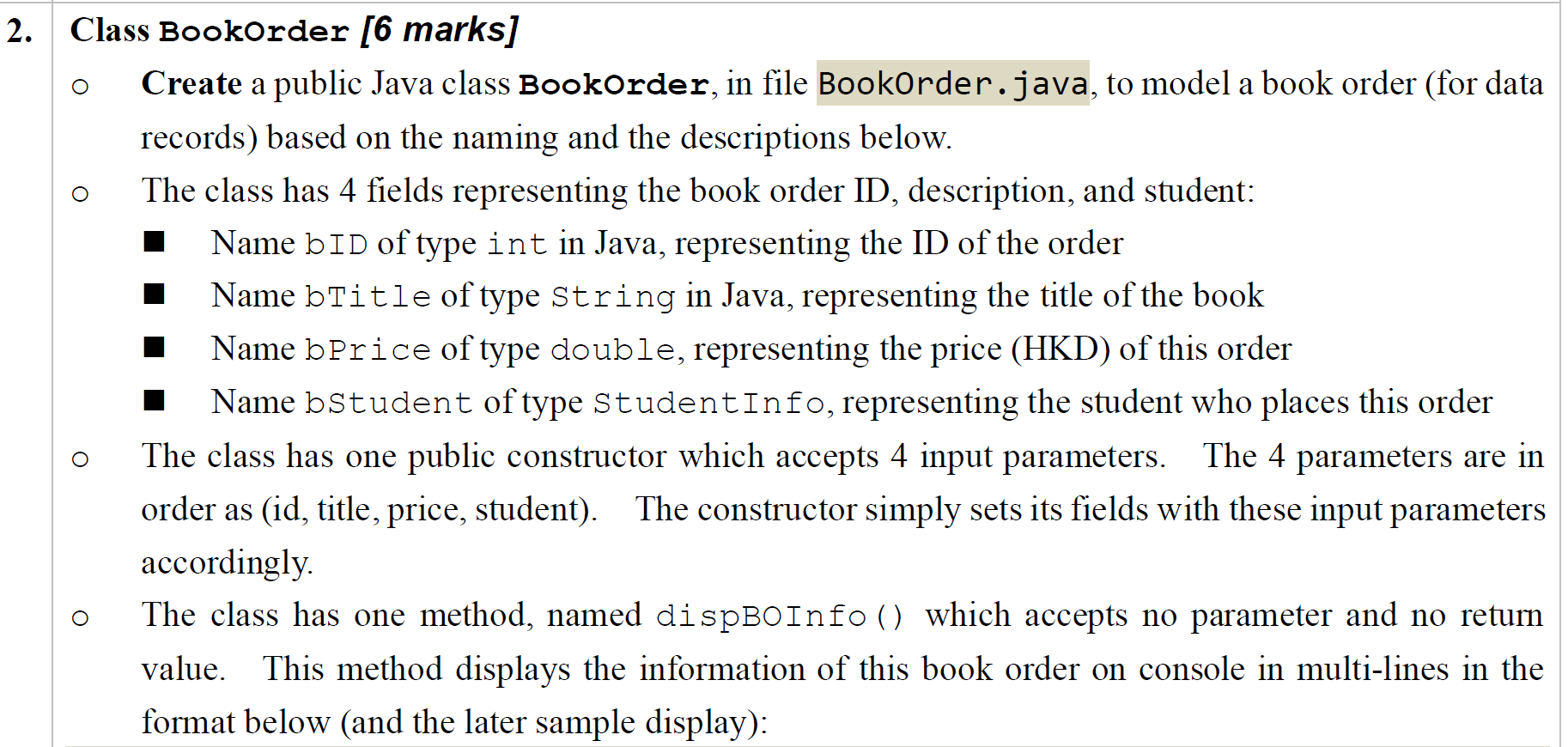 Solved Class Bookorder [6 marks] - Create a public Java | Chegg.com