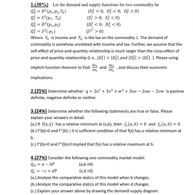 Solved 1.(30%) Let the demand and supply functions for two | Chegg.com
