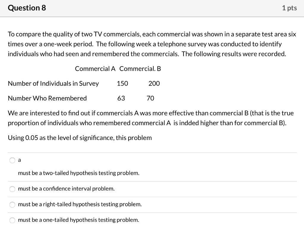 Solved Question 8 1 pts To compare the quality of two TV | Chegg.com