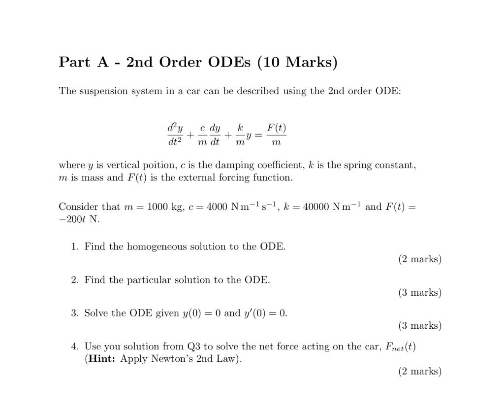 Solved Part A - 2nd Order ODEs (10 Marks) The suspension | Chegg.com