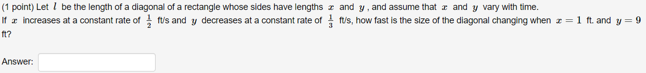 Solved 1 point) Let l be the length of a diagonal of a | Chegg.com