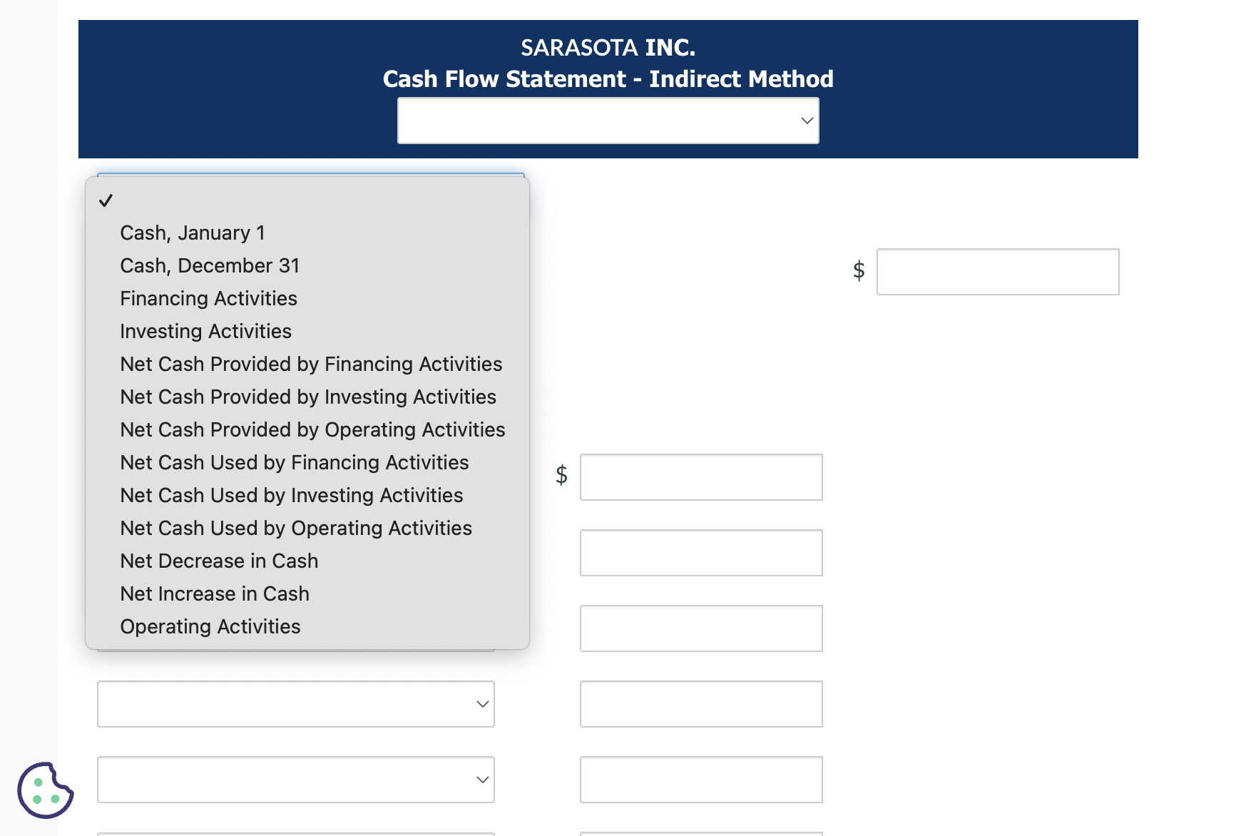 Solved SARASOTA INC. Cash Flow Statement - Indirect Method | Chegg.com