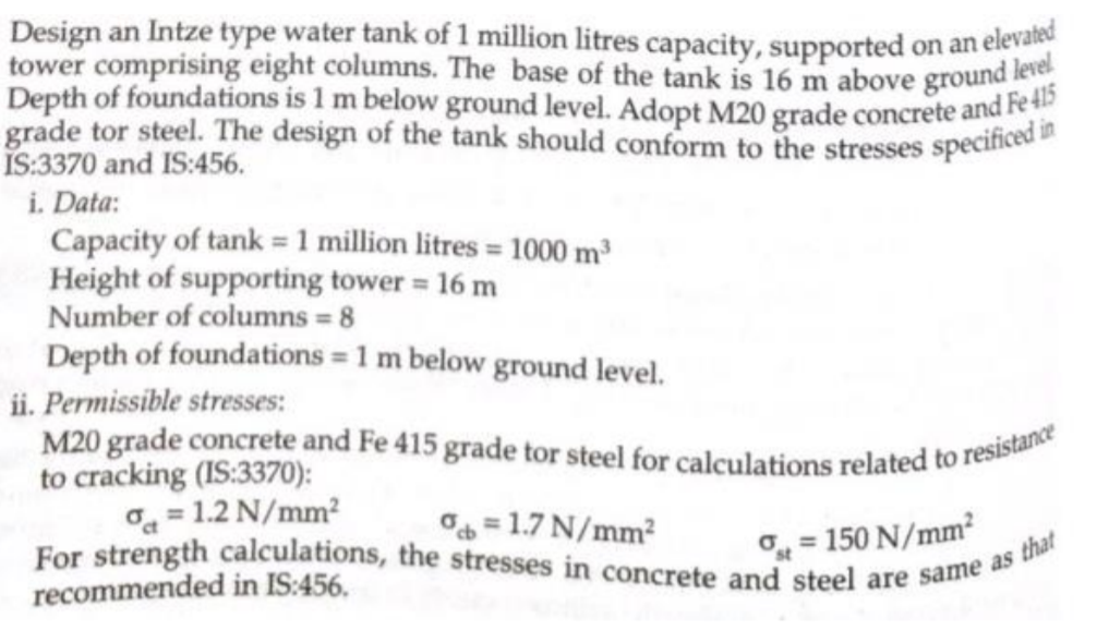 Solved Design an Intze type water tank of 1 million litres | Chegg.com