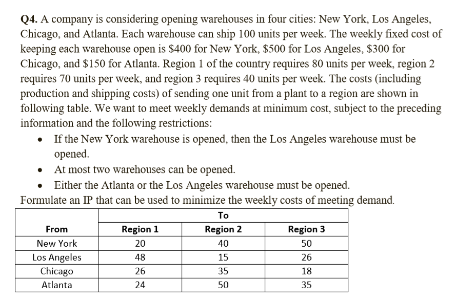 Solved Q4. A company is considering opening warehouses in | Chegg.com