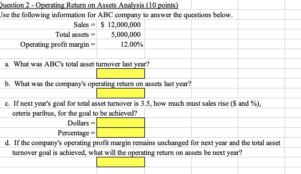 Solved Question 2 - Operating Return on Assets Analysis (10 | Chegg.com