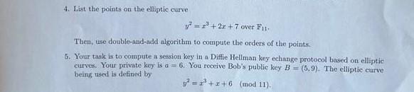 Solved 4. List the points on the elliptic curve y2=x3+2x+7 | Chegg.com
