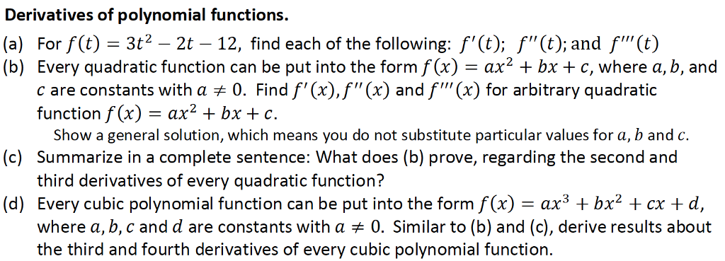 Solved Derivatives of polynomial functions. (a) For f(t) 3t2 | Chegg.com