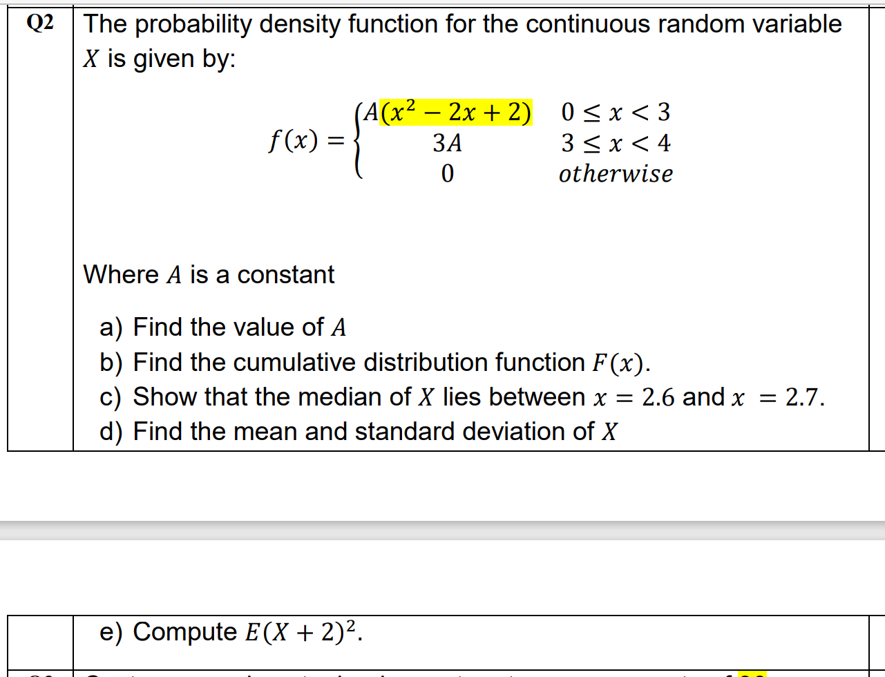 Solved Q2 The probability density function for the | Chegg.com