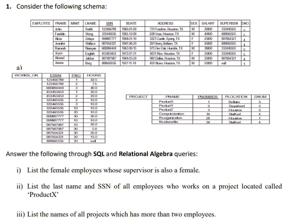 Solved 1. Consider the following schema: SSN EMPLOYEE ENAME | Chegg.com
