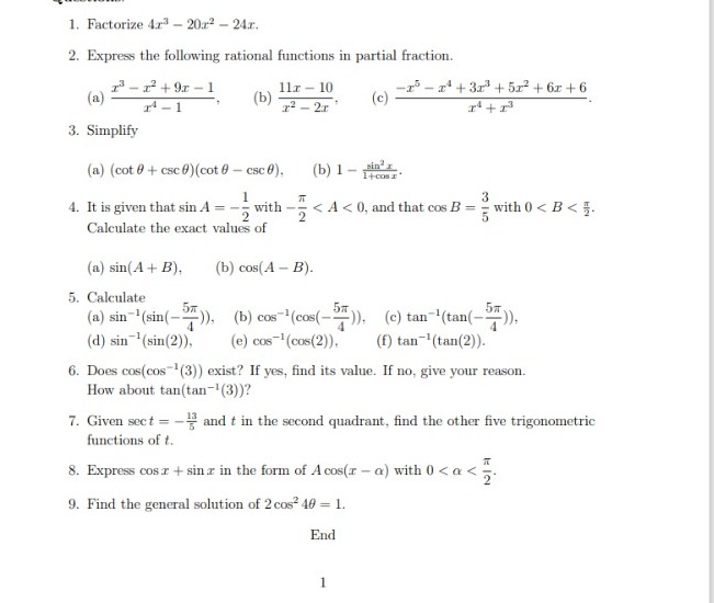 1. Factorize 4x3−20x2−24x. 2. Express the following | Chegg.com