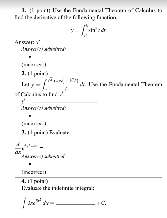 Solved 1. (1 point) Use the Fundamental Theorem of Calculus | Chegg.com
