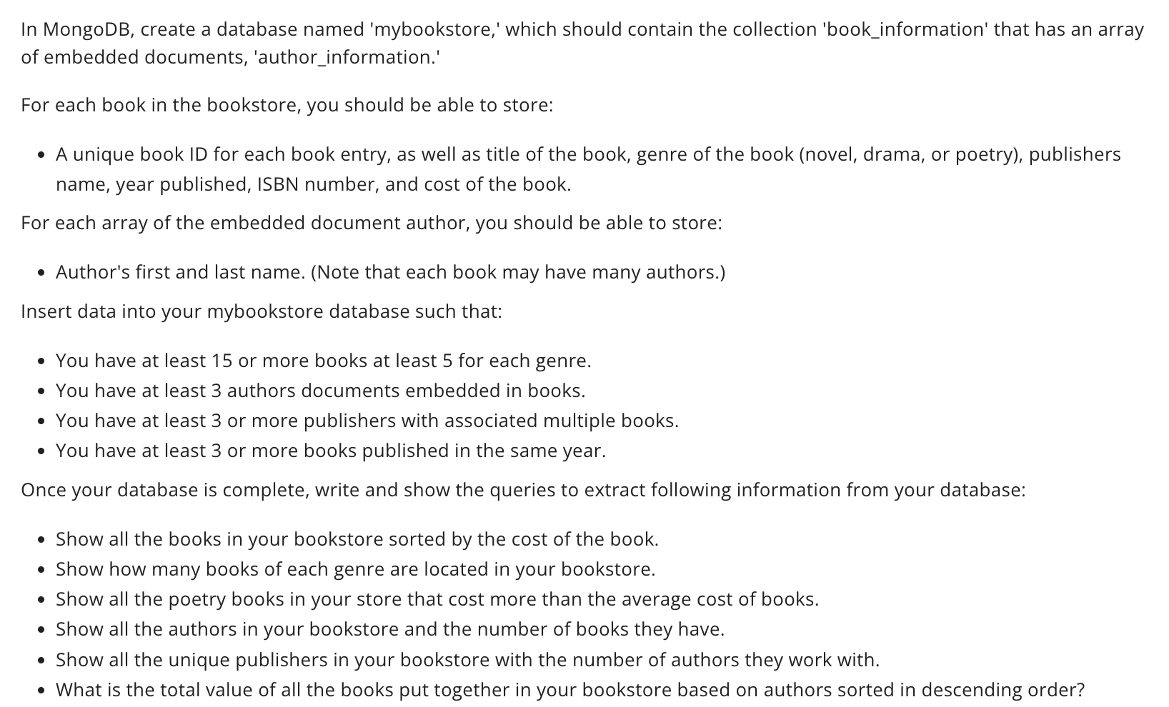 Solved In MongoDB, create a database named 'mybookstore,' | Chegg.com