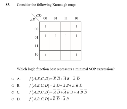 Solved 85. Consider the following Karnaugh map: Which logic | Chegg.com