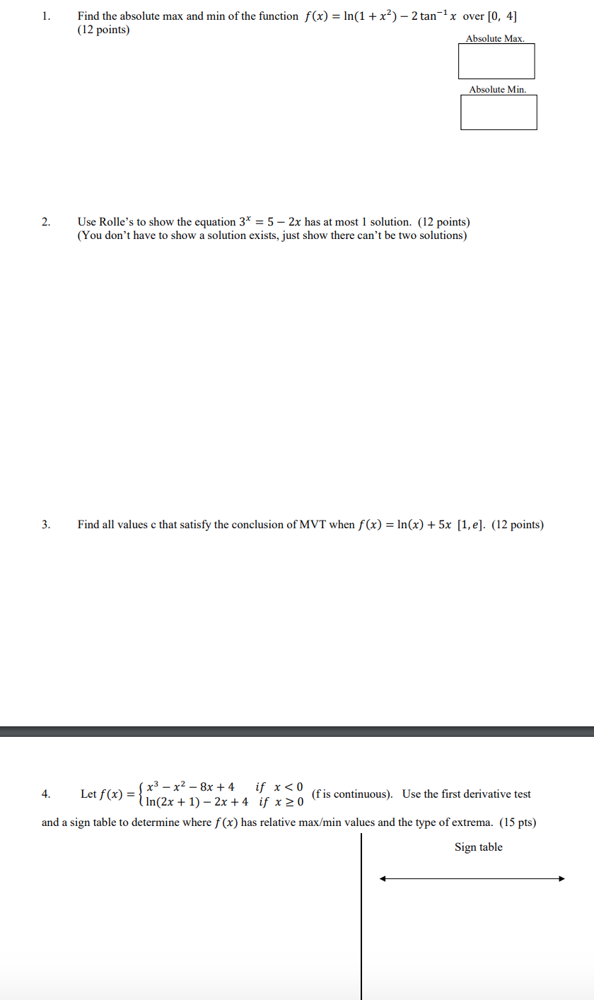Solved 1. Find the absolute max and min of the function f(x) | Chegg.com
