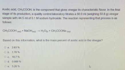 Solved Acetic acid, CH3COOH, is the component that gives | Chegg.com