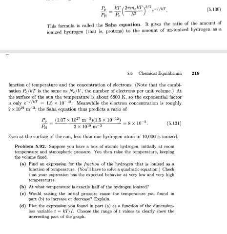(5.130) This formula is called the Saha equation. It | Chegg.com