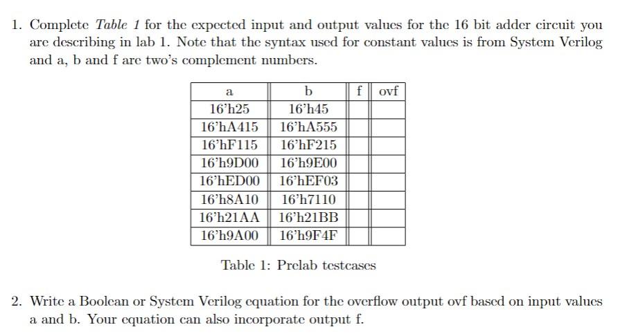 Solved 1. Complete Table 1 for the expected input and output | Chegg.com