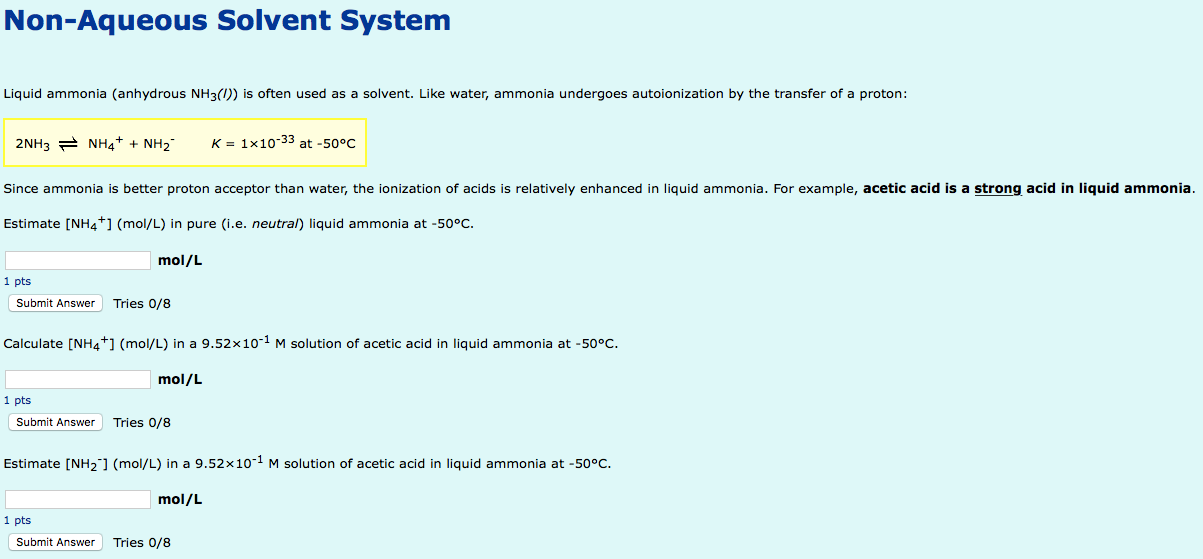 Solved Non-Aqueous Solvent System Liquid ammonia (anhydrous | Chegg.com