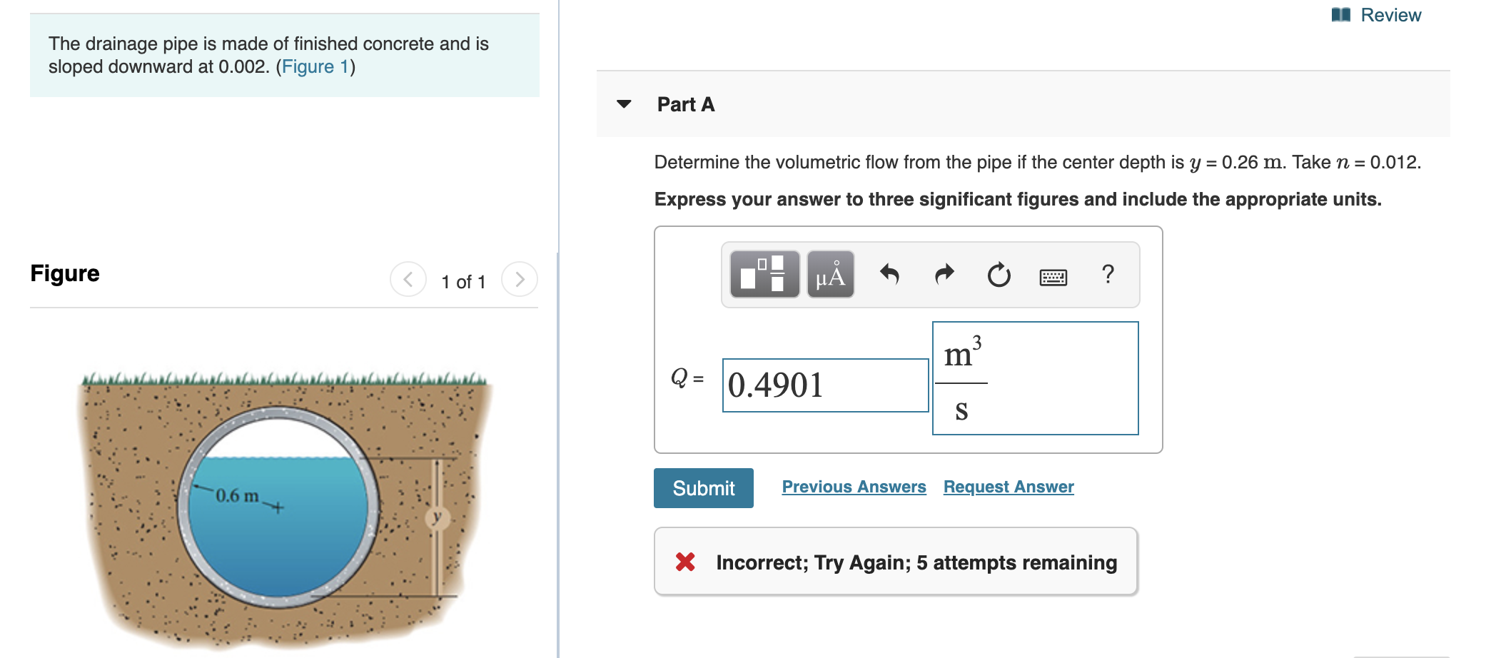 Solved 1 Review The drainage pipe is made of finished | Chegg.com