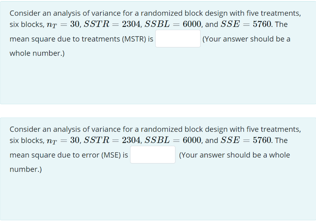 Solved -- Consider an analysis of variance for a randomized | Chegg.com