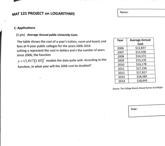 Solved Name MAT 121 PROJECT on LOGARITHMS C. Applications (5 | Chegg.com