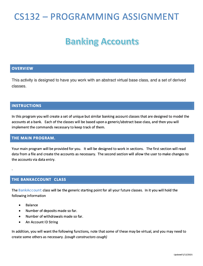 Solved CS132 – PROGRAMMING ASSIGNMENT Banking Accounts | Chegg.com
