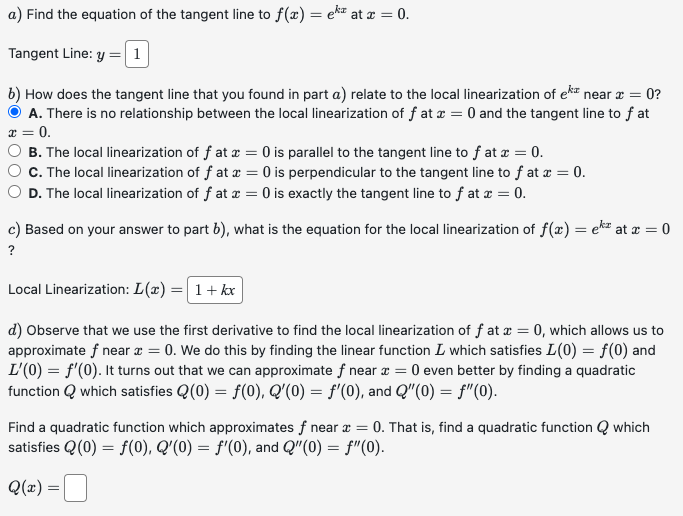 Solved a) Find the equation of the tangent line to f(x)=ekx | Chegg.com