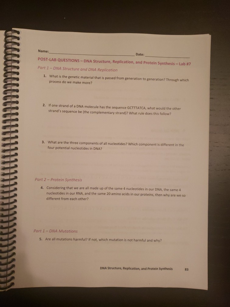 Solved Name: Date: POST-LAB QUESTIONS - DNA Structure, | Chegg.com