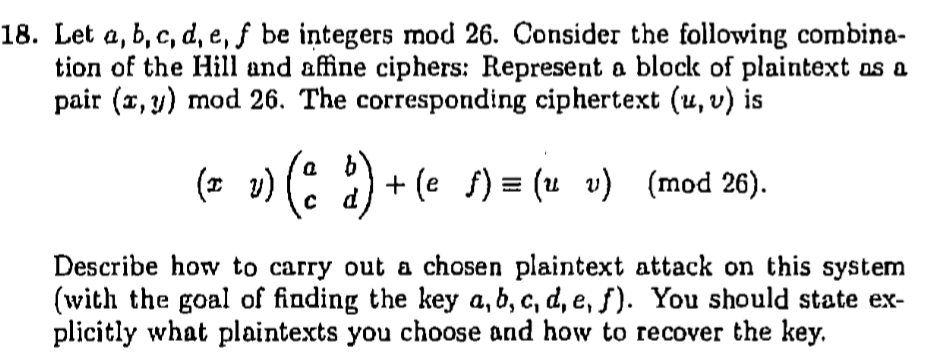 Solved 18. Let a, b,c, d, e, f be integers mod 26. Consider | Chegg.com