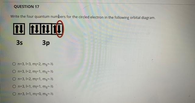 Solved QUESTION 17 Write the four quantum numbers for the | Chegg.com