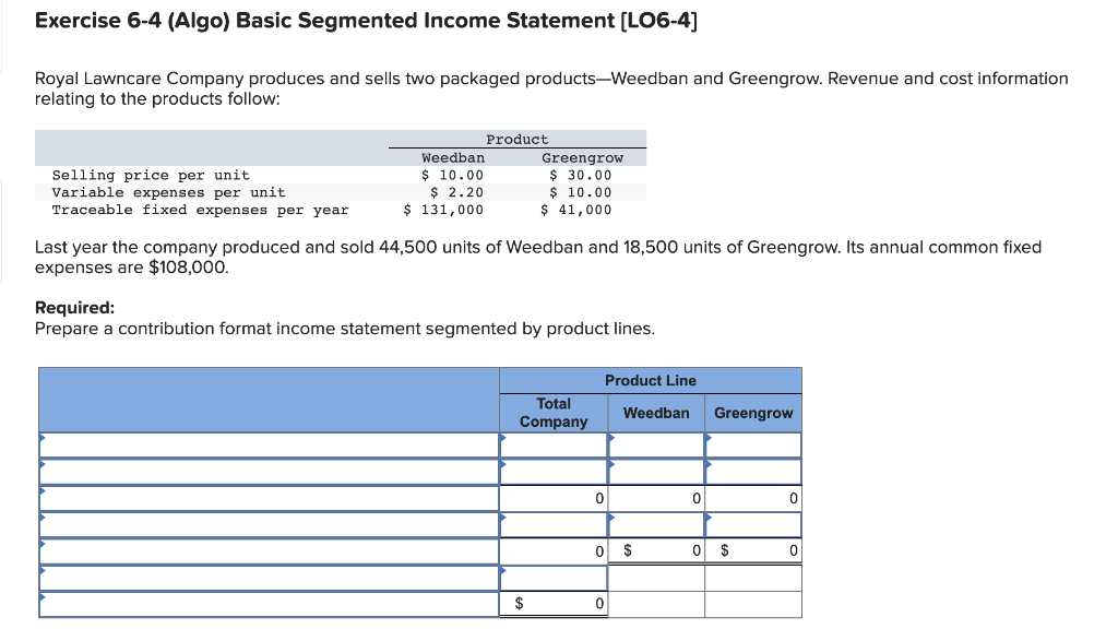 Solved Exercise 6-4 (Algo) Basic Segmented Income Statement | Chegg.com