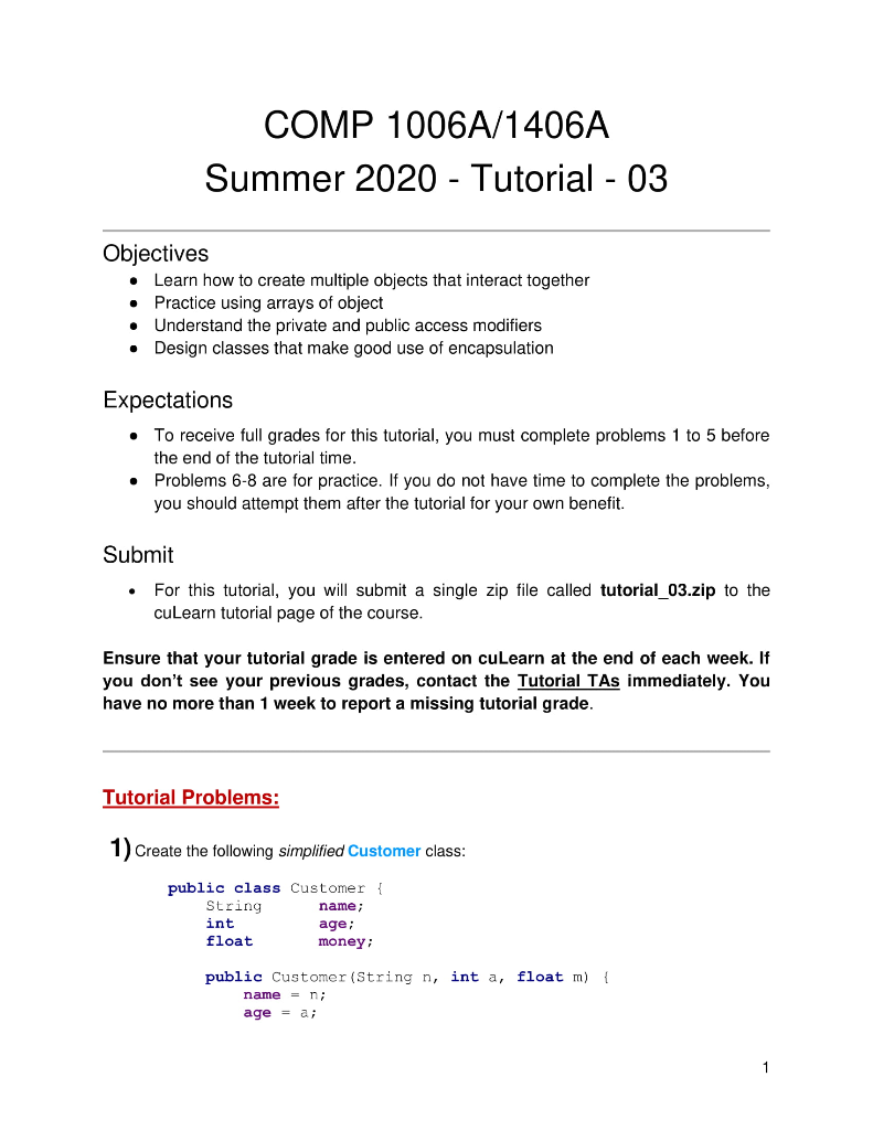 COMP 1006A/1406A Summer 2020 - Tutorial - 03 | Chegg.com