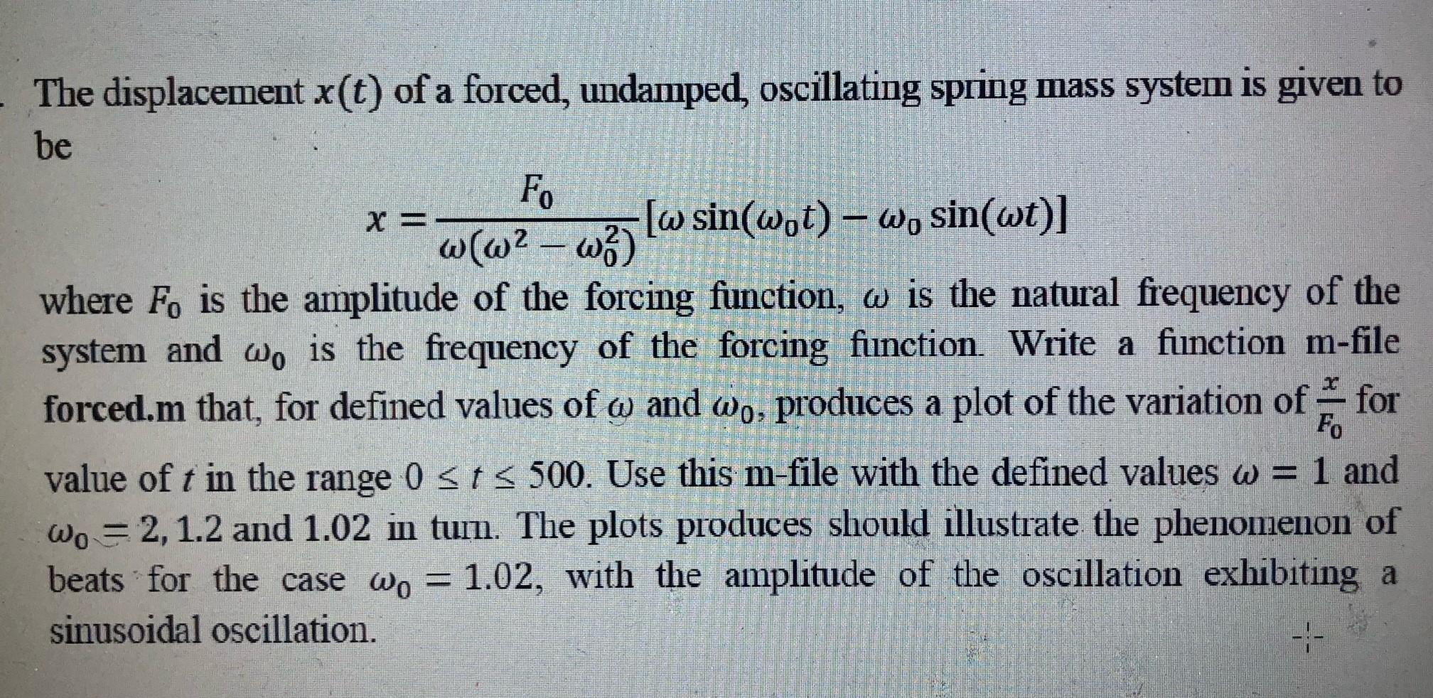 Solved The displacement x(t) of a forced, undamped, | Chegg.com