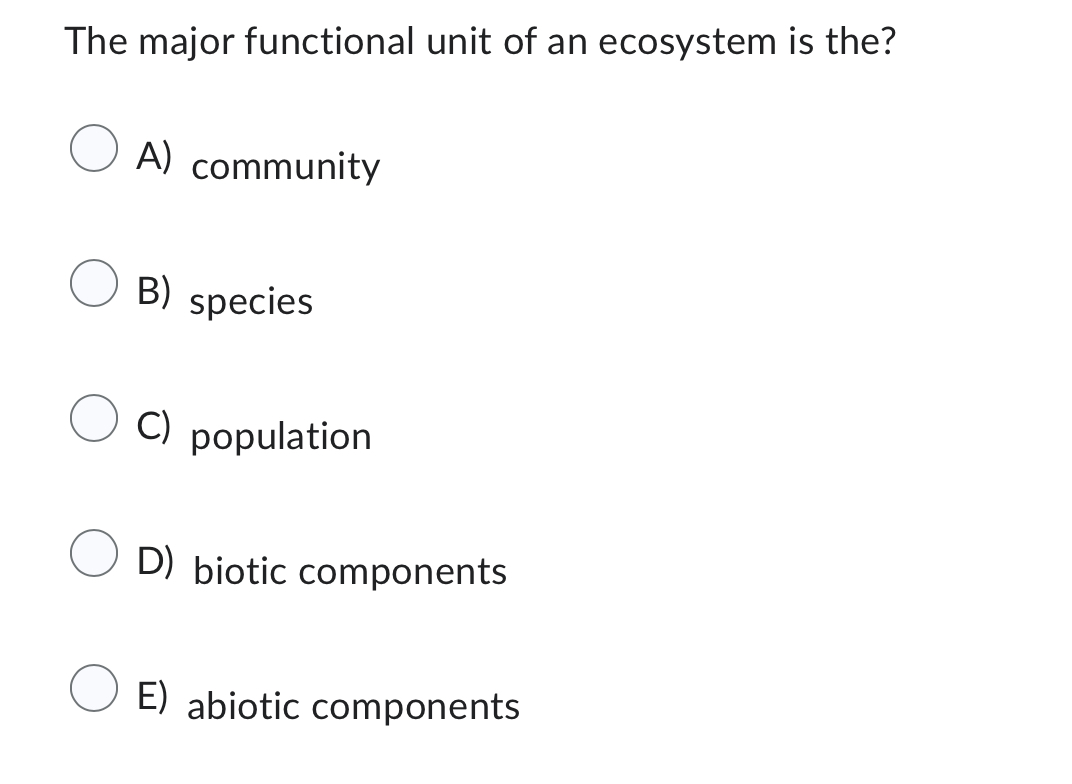 Solved The major functional unit of an ecosystem is the? A) | Chegg.com