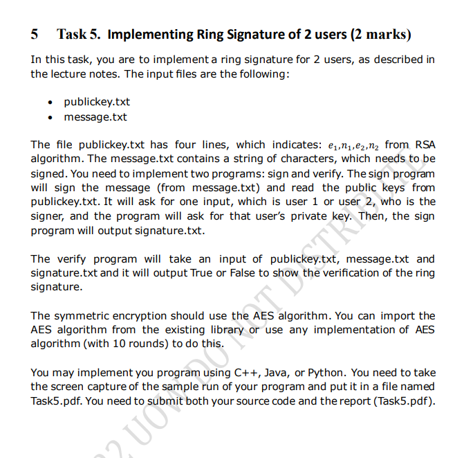 5 Task 5. Implementing Ring Signature of 2 users (2 | Chegg.com