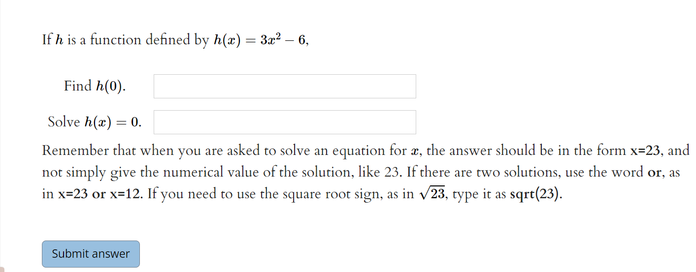 Solved If h is a function defined by h(x)=3x2−6, Find h(0). | Chegg.com