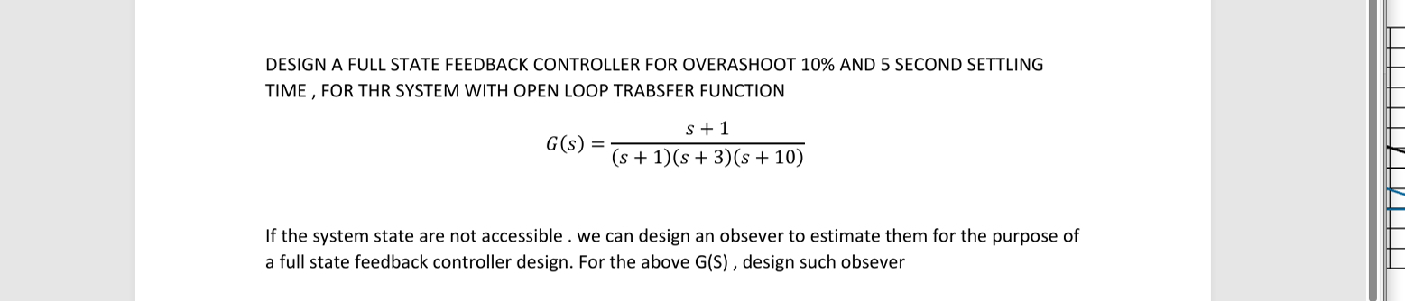 Solved Design A Full State Feedback Controller For