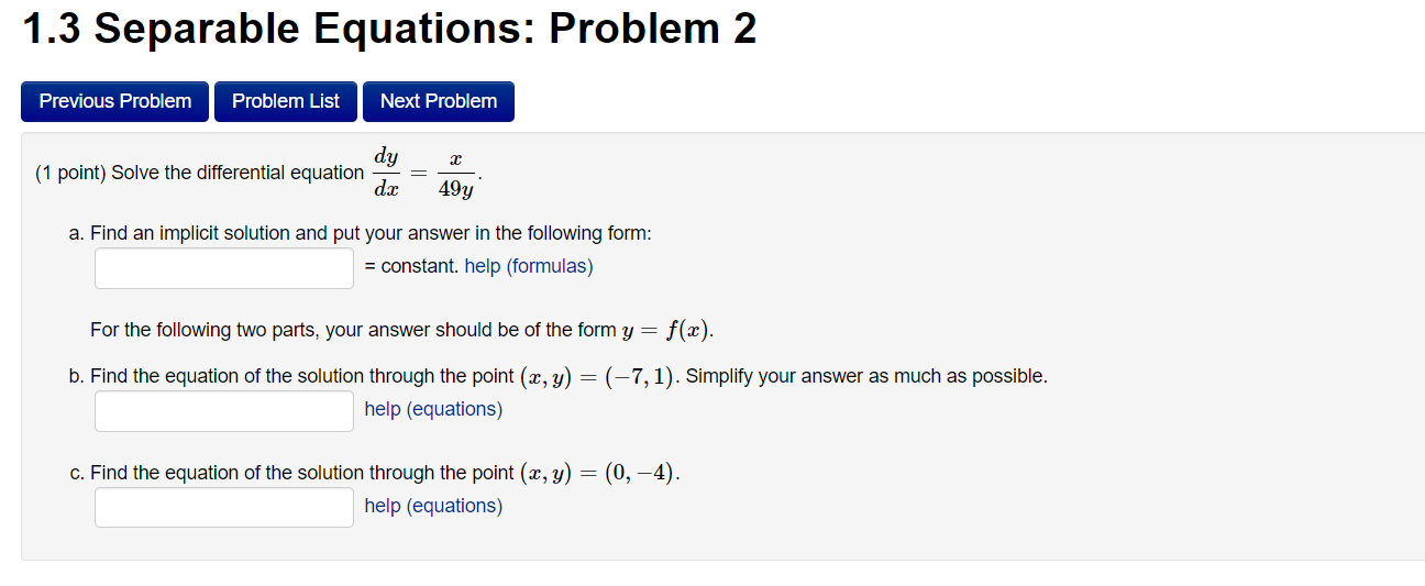 Solved 1.3 Separable Equations: Problem 2 Previous Problem | Chegg.com