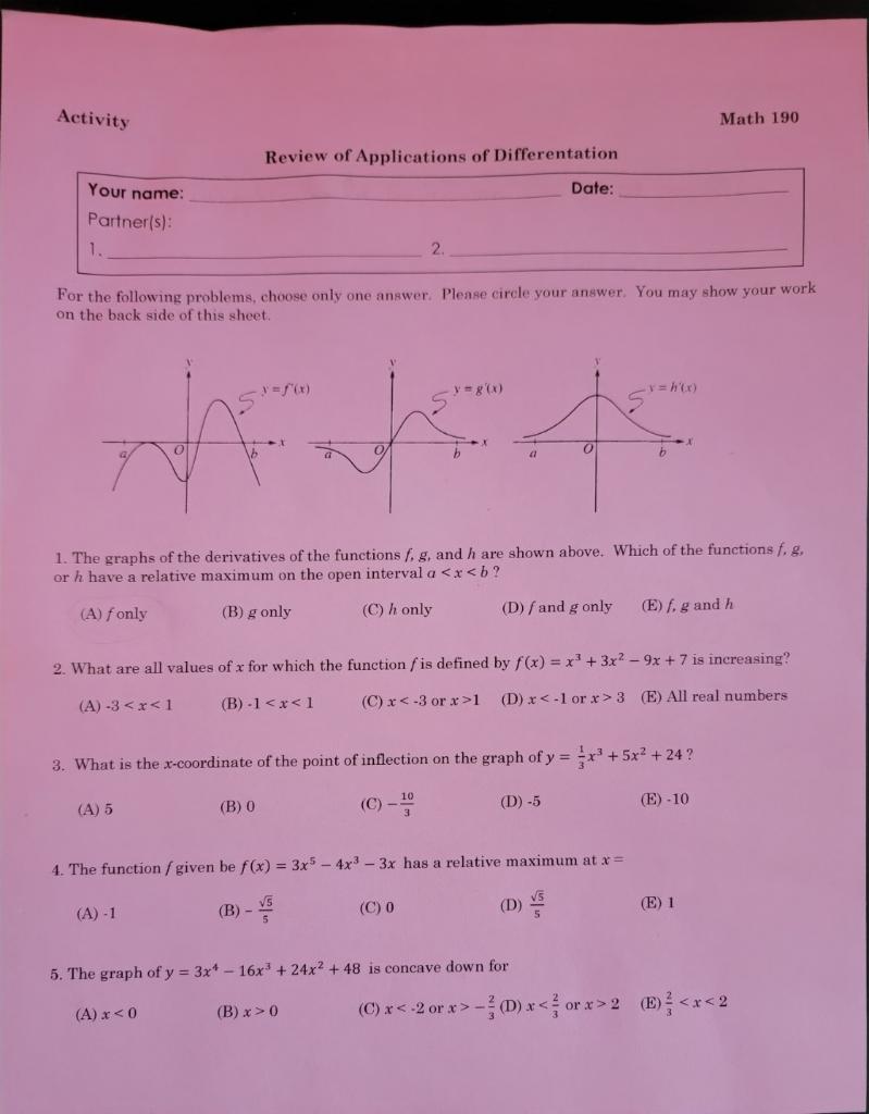 Solved Activity Math 190 Review of Applications of | Chegg.com
