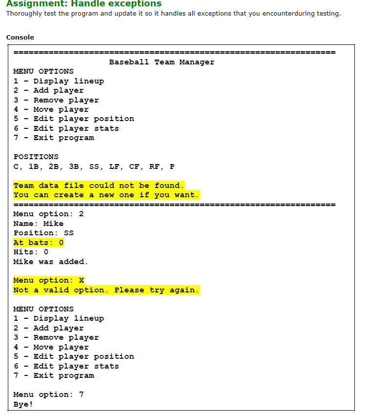 Assignment: Handle exceptions Thoroughly test the | Chegg.com