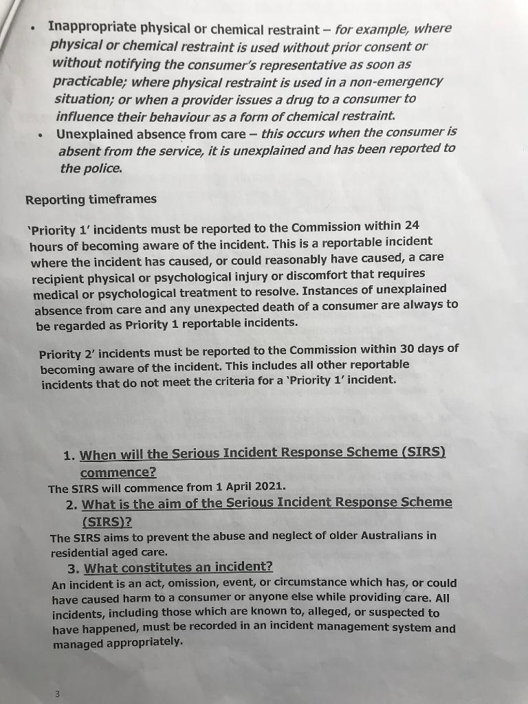 SERIOUS INCIDENT REPORT SCHEME (SIRS) Legislative | Chegg.com