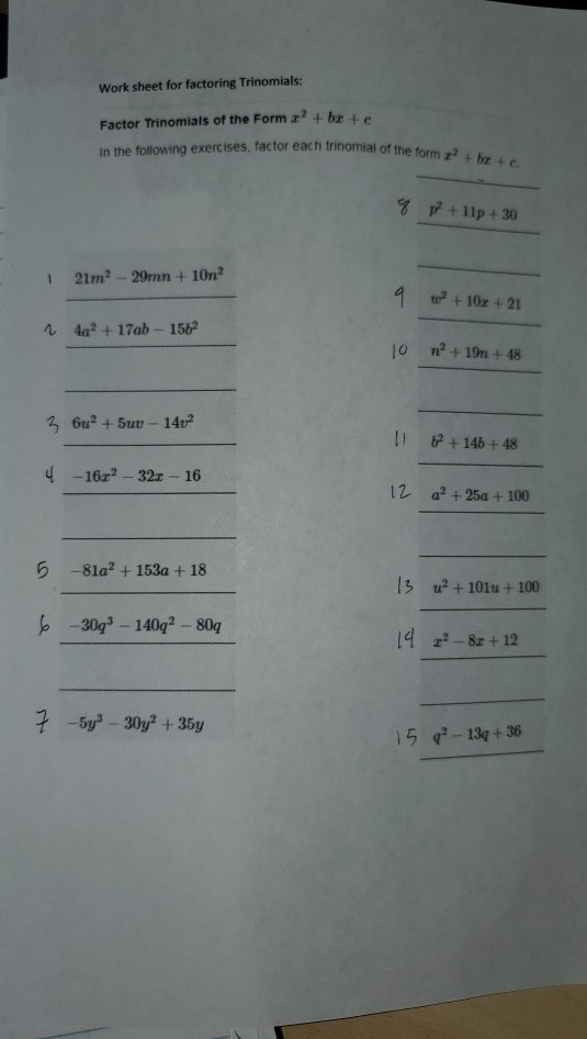 Solved Work sheet for factoring Trinomials: Factor | Chegg.com