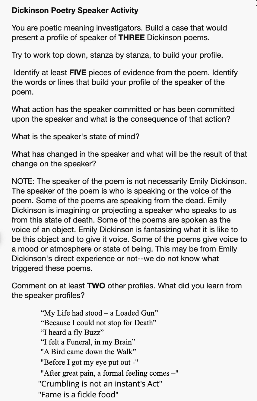 Dickinson Poetry Speaker Activity You are poetic | Chegg.com