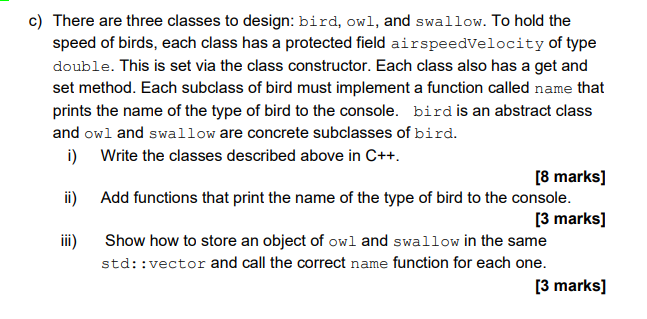 Solved c) There are three classes to design: bird, owl, and | Chegg.com
