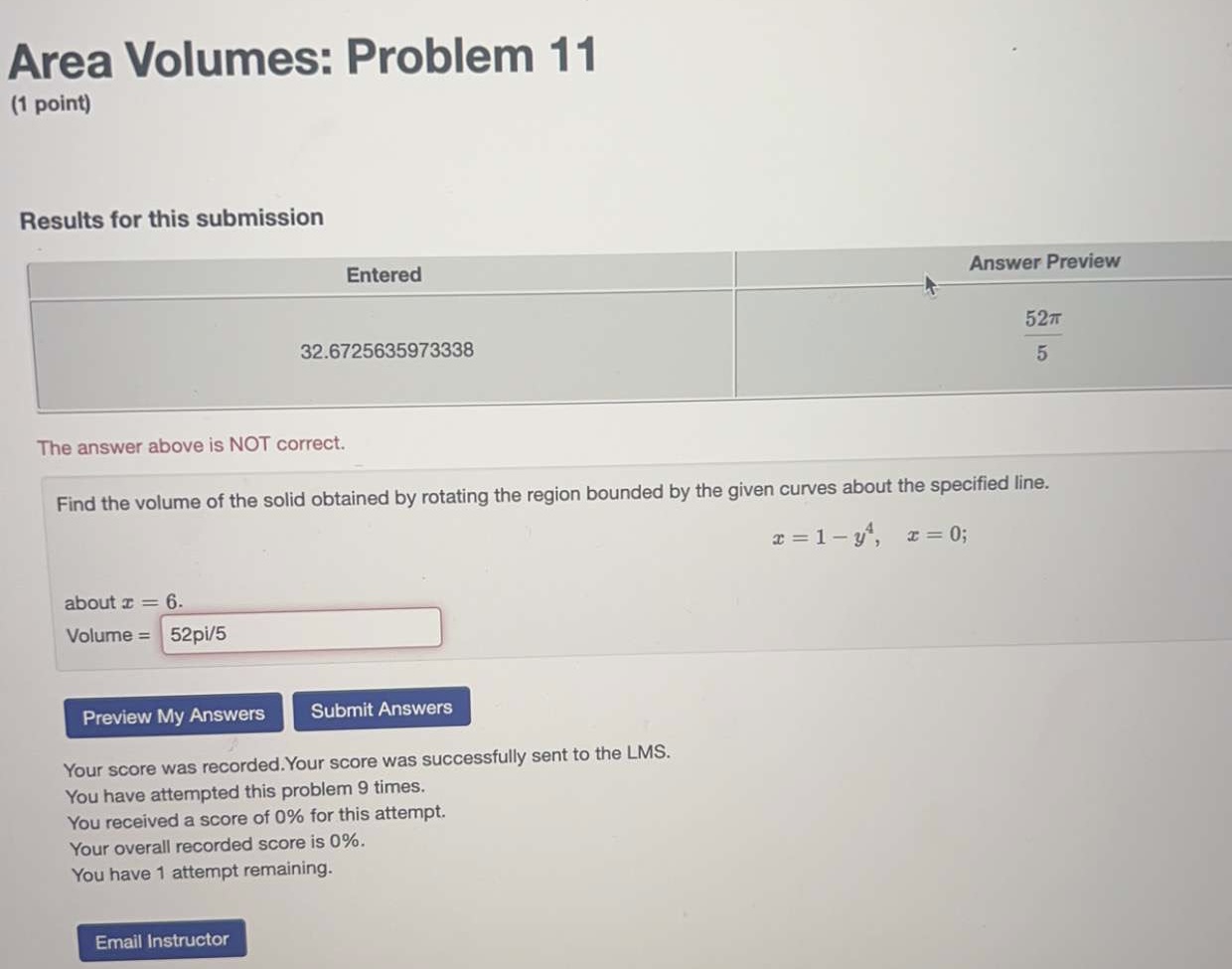 Solved Area Volumes: Problem 11 (1 point) Results for this | Chegg.com
